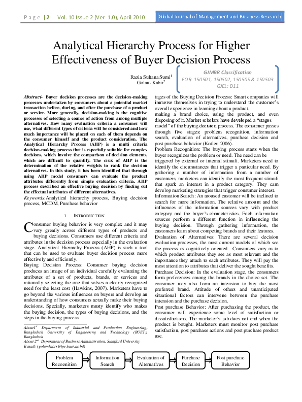 (PDF) Analytical Hierarchy Process for Higher Effectiveness of Buyer Decision Process