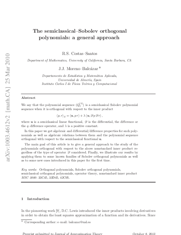 (PDF) The semiclassical Sobolev orthogonal polynomials: A general approach