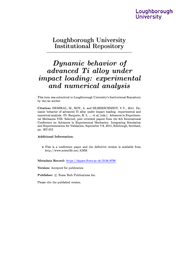 Pdf Dynamic Behavior Of Advanced Ti Alloy Under Impact Loading Experimental And Numerical