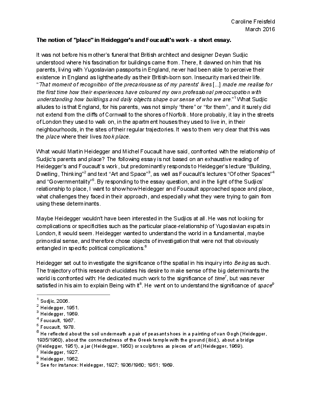 (PDF) The notion of "space" and "place" in Heidegger's and Foucault's work