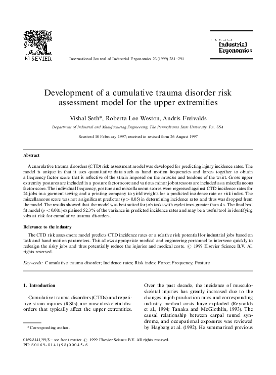 (PDF) Development of a cumulative trauma disorder risk assessment model ...