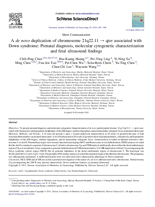 (PDF) A de novo duplication of chromosome 21q22.11 → qter associated ...