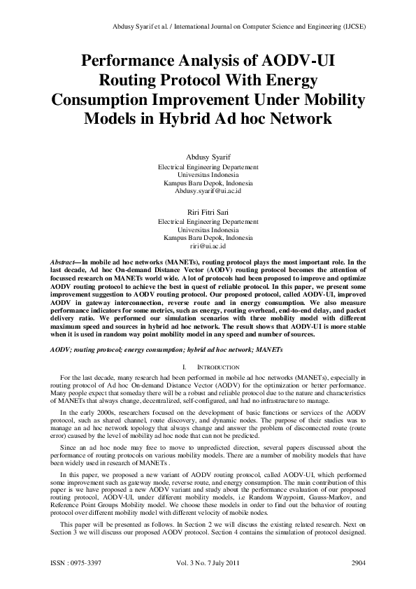 Pdf Performance Analysis Of Aodv Ui Routing Protocol With Energy Consumption Improvement Under