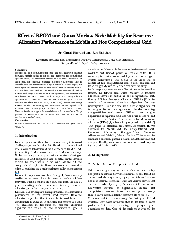 Effect of RPGM and Gauss Markov Node Mobility for Resource Allocation Performance in Mobile Ad ...