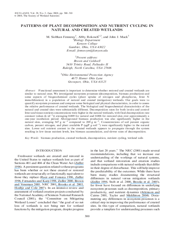 (PDF) Patterns of plant decomposition and nutrient cycling in natural and created wetlands