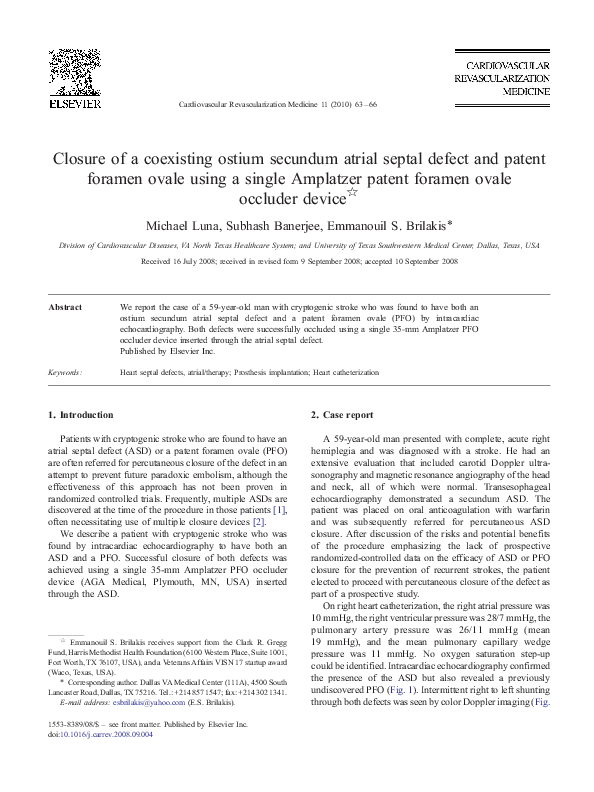 (PDF) Closure of a coexisting ostium secundum atrial septal defect and ...