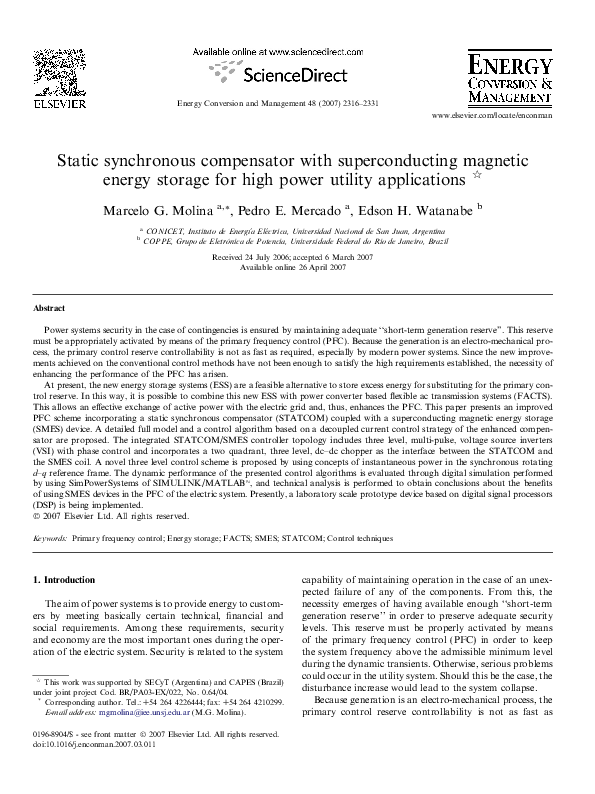 (PDF) Static synchronous compensator with superconducting magnetic energy storage for high power ...