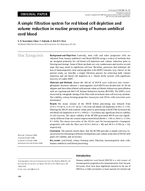 (PDF) A simple filtration system for red blood cell depletion and ...