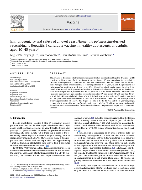 (PDF) Immunogenicity and safety of a novel yeast Hansenula polymorpha ...