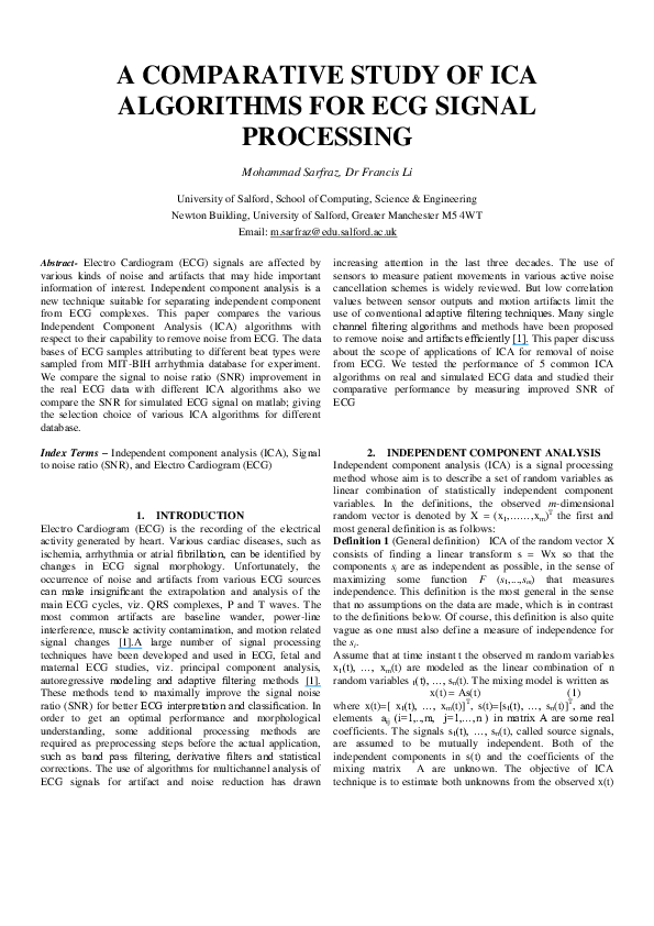 (PDF) A comparative study of ICA algorithms for ECG signal processing