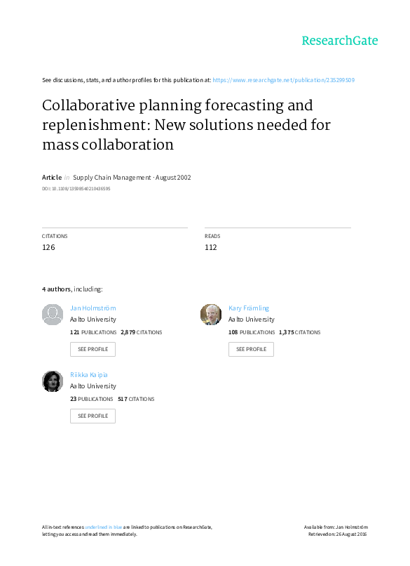 (PDF) Collaborative planning forecasting and replenishment: New solutions needed for mass ...