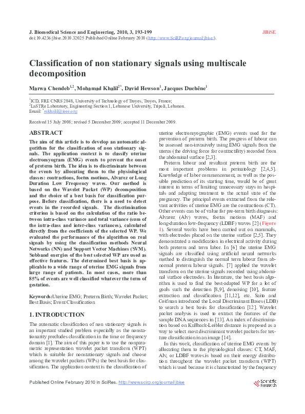 (PDF) Classification of Non Stationary Signals Using Ben Wavelet and Artificial Neural Networks