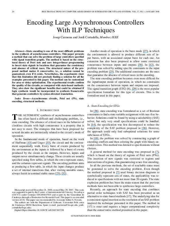 Pdf Encoding Large Asynchronous Controllers With Ilp Techniques