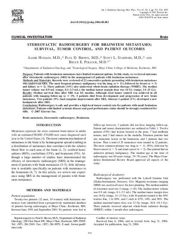 (PDF) Stereotactic radiosurgery for brainstem metastases: Survival, tumor control, and patient ...