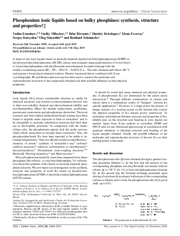 (PDF) Phosphonium ionic liquids based on bulky phosphines: synthesis ...