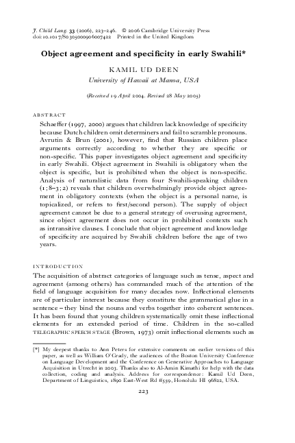 (PDF) Object agreement and specificity in early Swahili