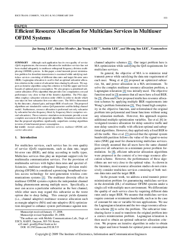 (PDF) Resource Allocation for Multiclass Services in Multiuser OFDM Systems