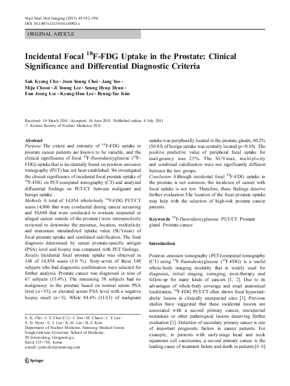 (PDF) Incidental Focal 18 F-FDG Uptake in the Prostate: Clinical ...