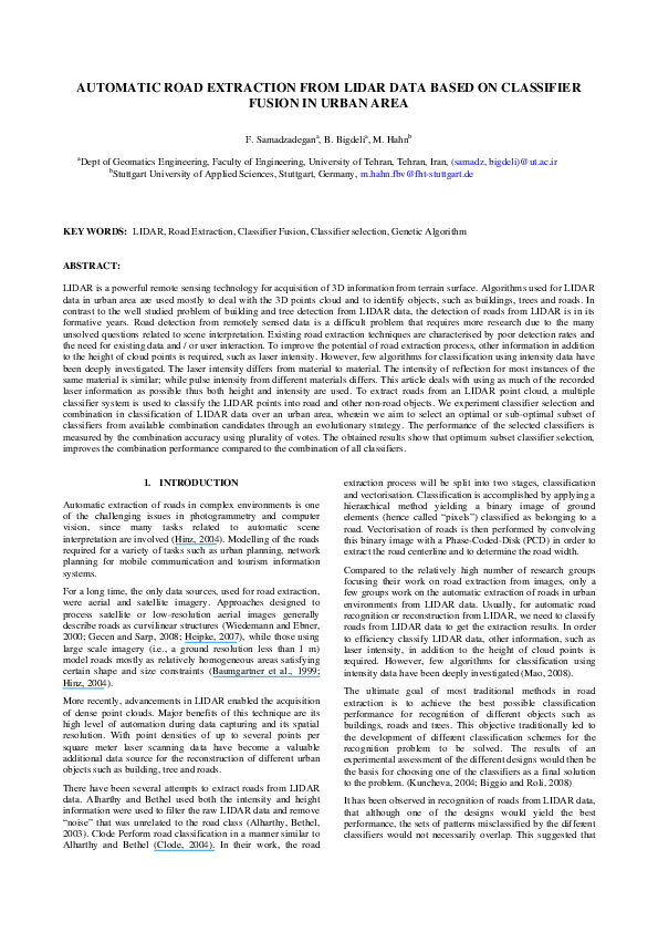 (PDF) Automatic road extraction from LIDAR data based on classifier fusion