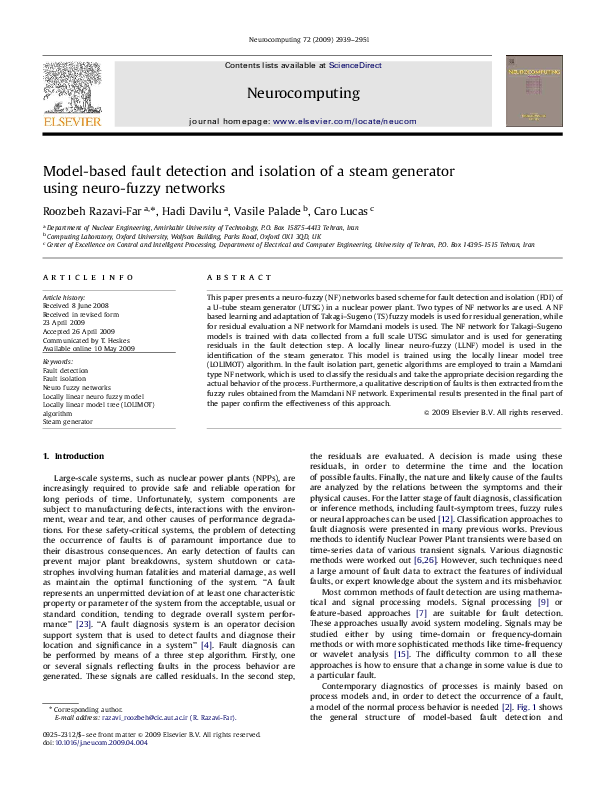 Pdf Model Based Fault Detection And Isolation Of A Steam Generator Using Neuro Fuzzy Networks