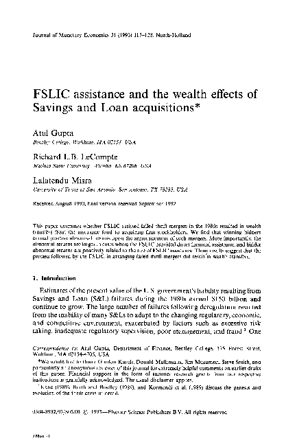 (PDF) FSLIC assistance and the wealth effects of savings and loan ...