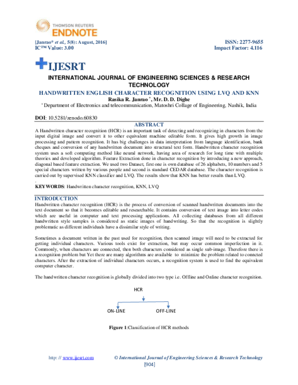 (PDF) HANDWRITTEN ENGLISH CHARACTER RECOGNITION USING LVQ AND KNN