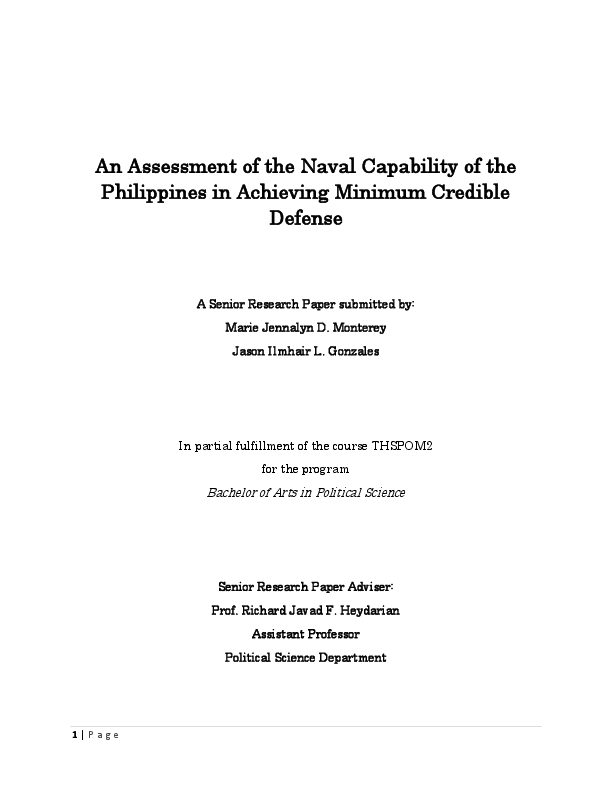 (PDF) An Assessment of the Naval Capability of the Philippines in Achieving Minimum Credible Defense