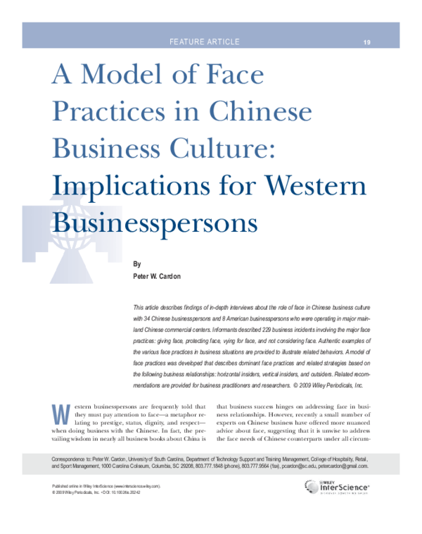 (PDF) A model of face practices in Chinese business culture ...