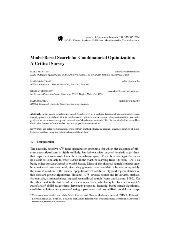 (PDF) Model-Based Search for Combinatorial Optimization: A Comparative Study