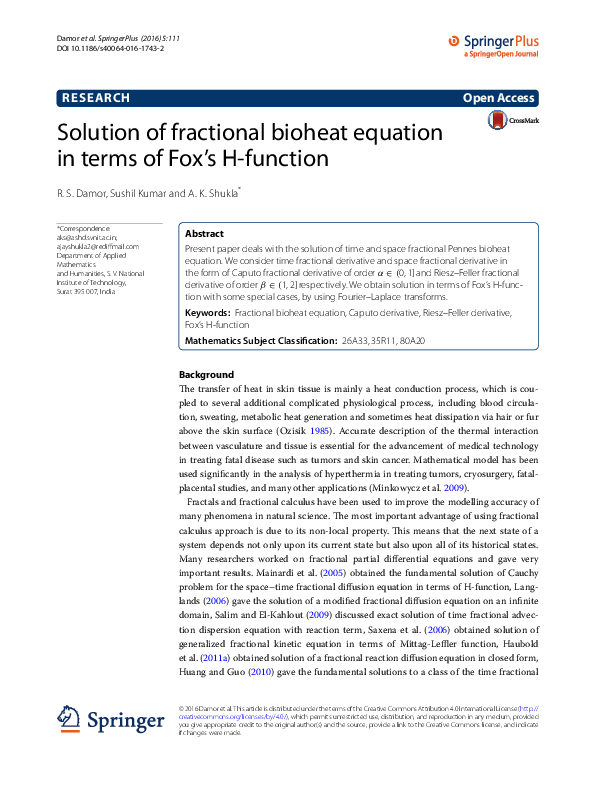 (PDF) Solution of fractional bioheat equation in terms of Fox's H‑function