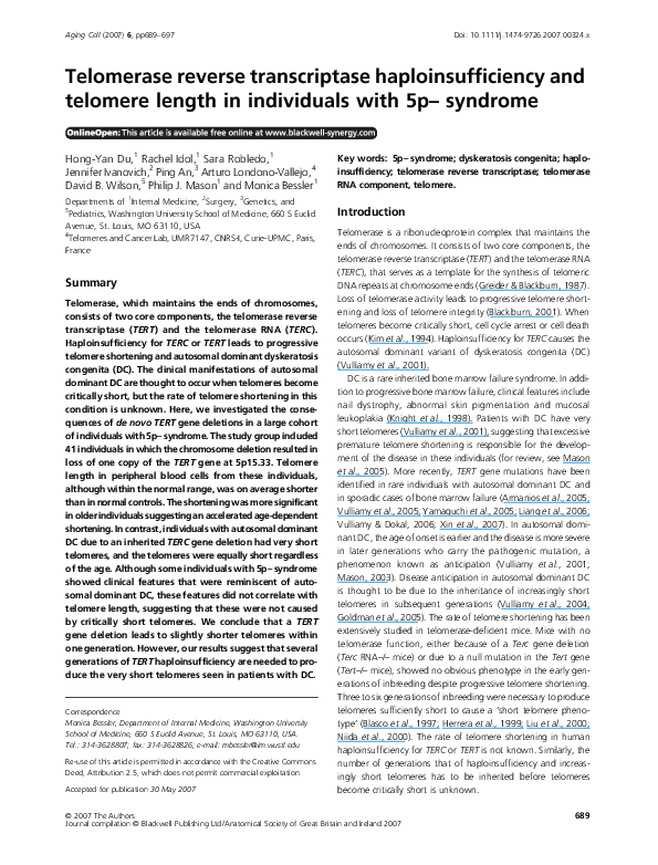 (PDF) Telomerase reverse transcriptase haploinsufficiency and telomere length in individuals ...