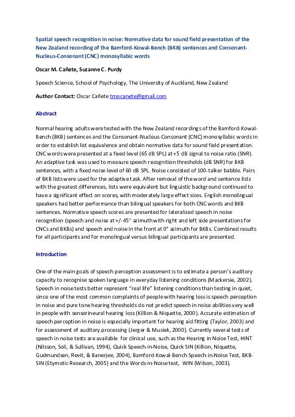 (PDF) Spatial speech recognition in noise: Normative data for sound ...