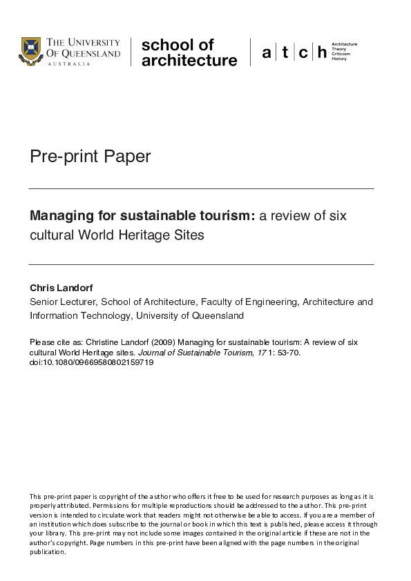 (PDF) Pre-print Paper Managing for sustainable tourism: a review of six ...
