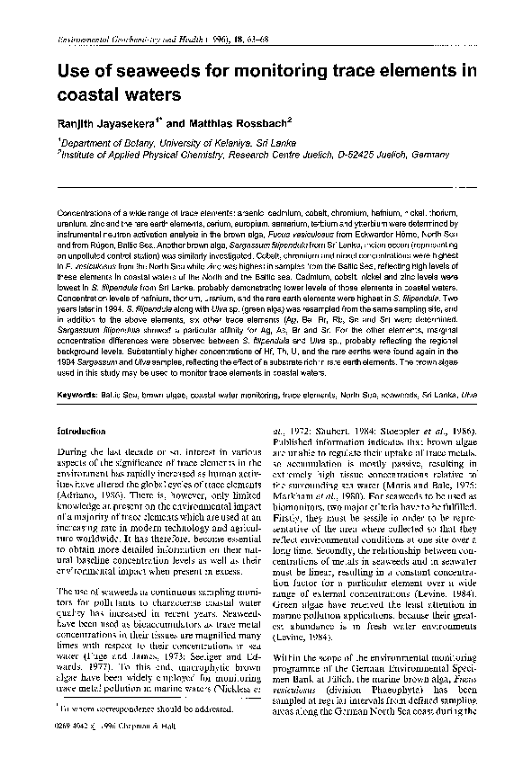 (PDF) Use of seaweeds for monitoring trace elements in coastal waters