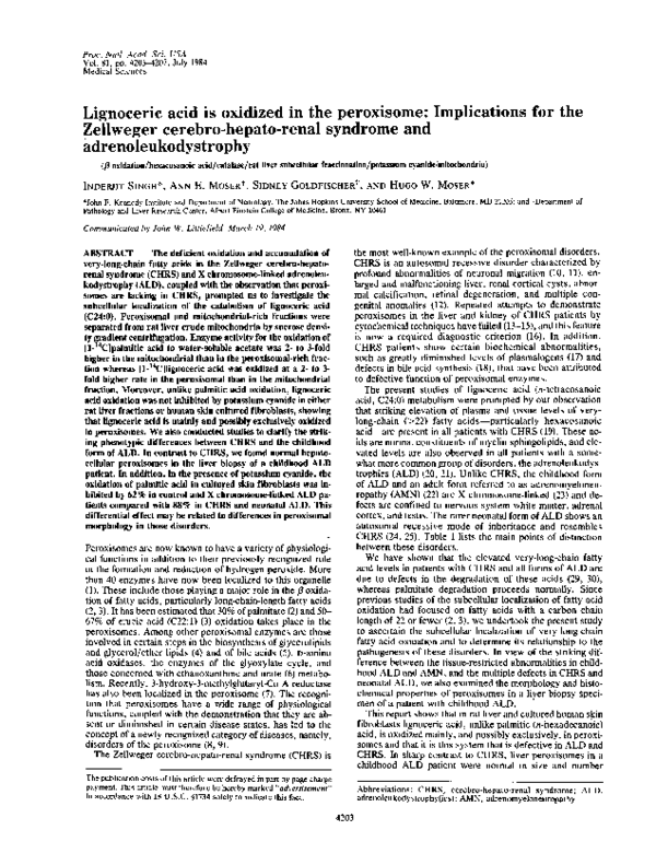 (PDF) Lignoceric Acid is Oxidized in the Peroxisome: Implications for ...