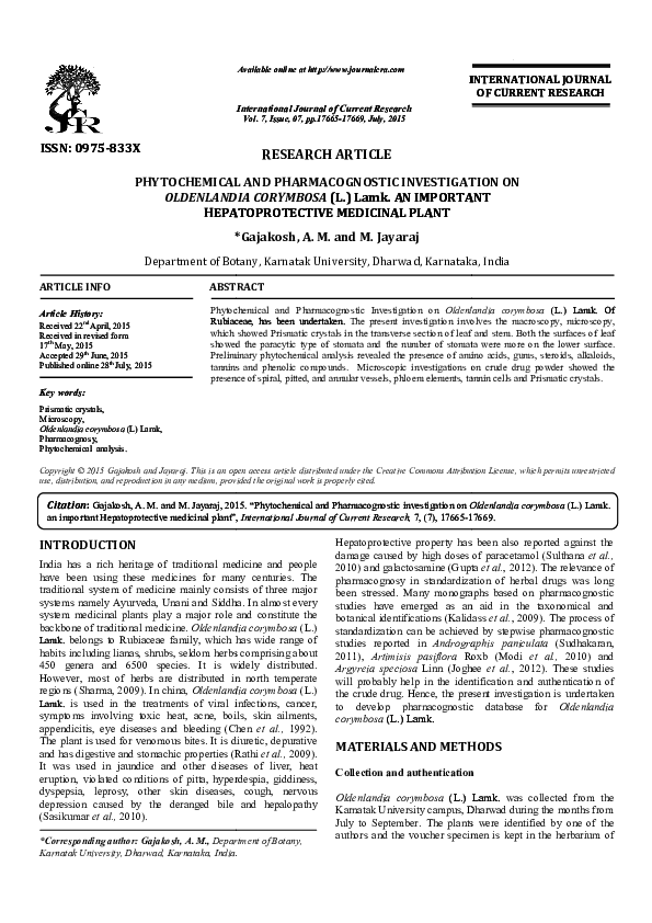 (PDF) PHYTOCHEMICAL AND OLDENLANDIA CORYMBOSA HEPATOPROTECTIVE MEDICINAL PLANT