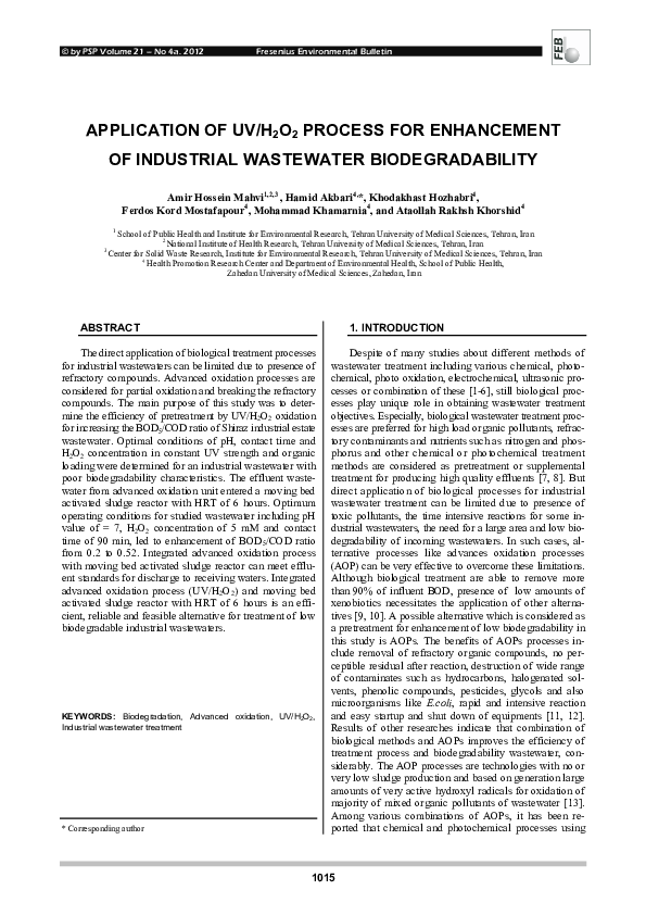 (PDF) Application of UV/H2O2 Process for Enhancement of Industrial ...