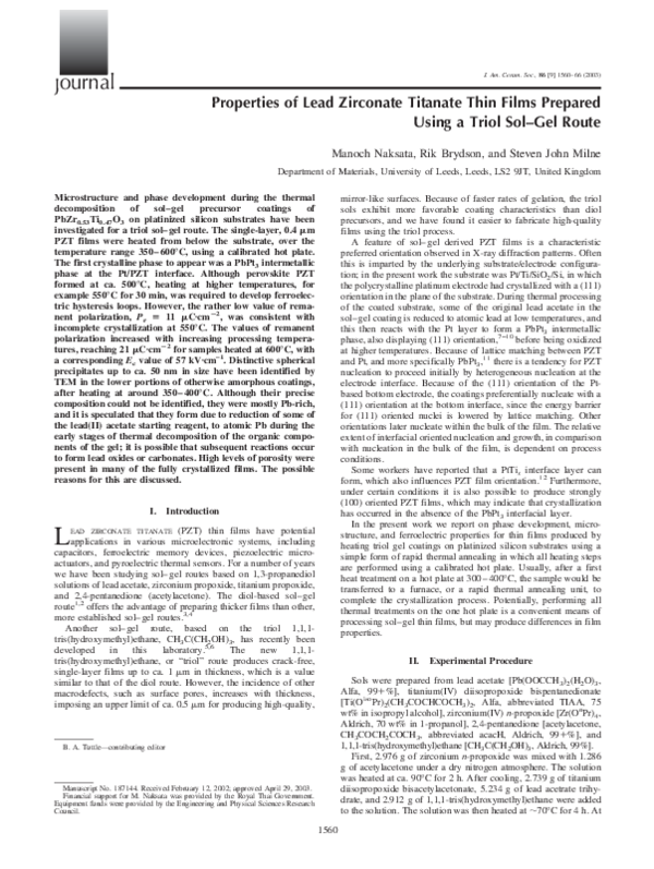 (PDF) Properties of Lead Zirconate Titanate Thin Films Prepared Using a Triol Sol-Gel Route
