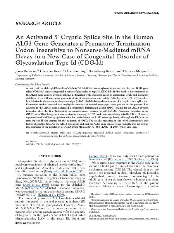 (PDF) An activated 5? cryptic splice site in the human ALG3 gene ...