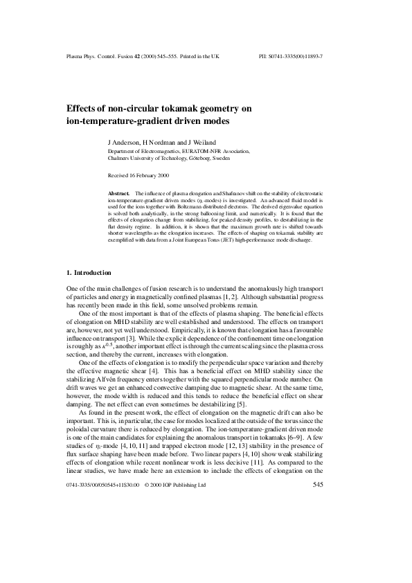 (PDF) Effects of non-circular tokamak geometry on ion-temperature-gradient driven modes