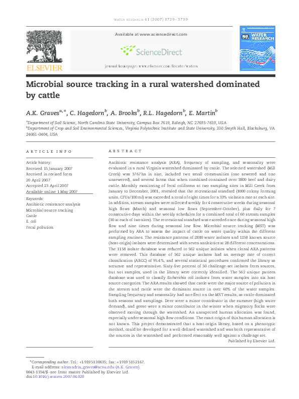 (PDF) Microbial source tracking in a rural watershed dominated by cattle | Anthony L. (aka Tony ...