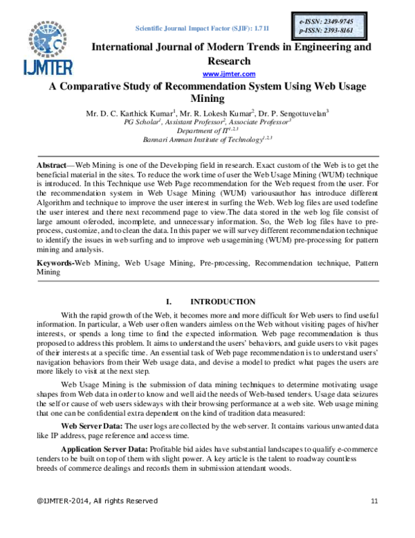 (PDF) A Comparative Study of Recommendation System Using Web Usage Mining