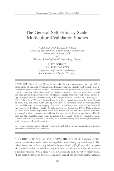 (PDF) The general self-efficacy scale: Multicultural validation studies