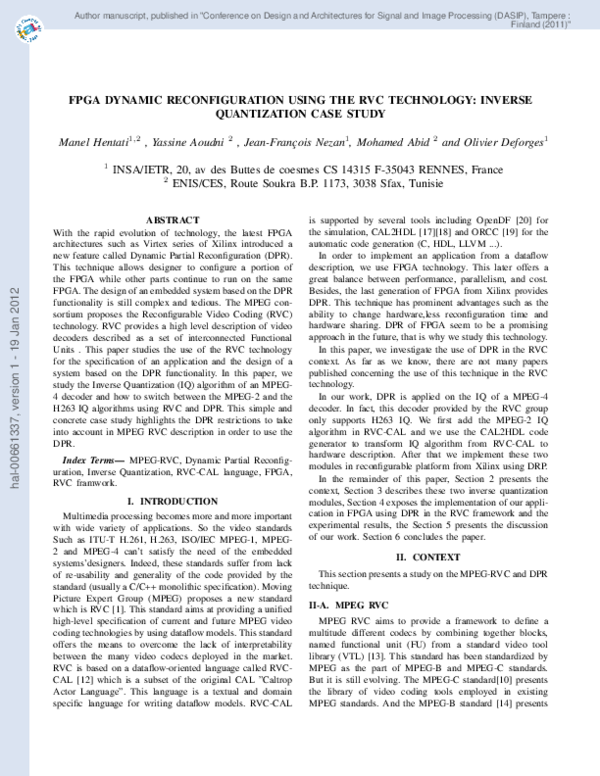 (PDF) FPGA dynamic reconfiguration using the RVC technology: Inverse quantization case study
