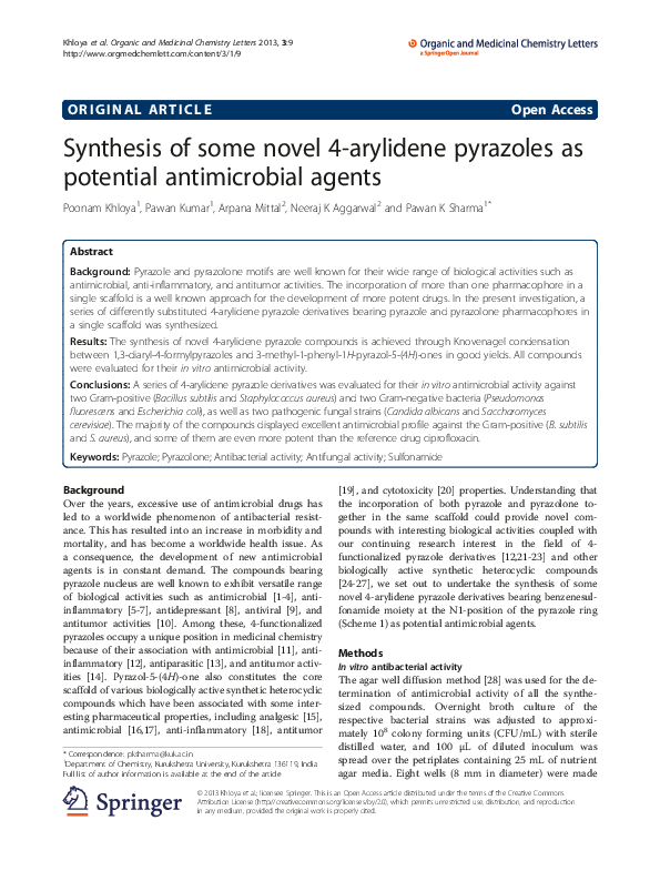 (PDF) Synthesis of some novel 4-arylidene pyrazoles as potential antimicrobial agents