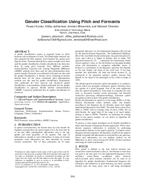 (PDF) Gender classification using pitch and formants