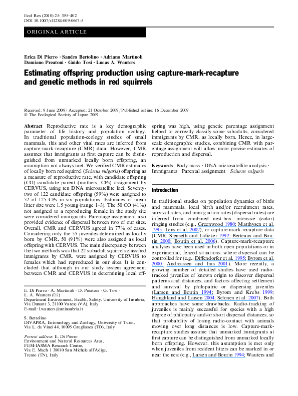 Pdf Estimating Offspring Production Using Capture Mark Recapture And