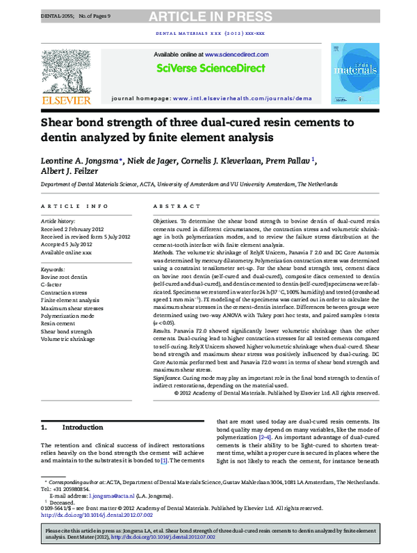 (PDF) Shear bond strength of three dual-cured resin cements to dentin analyzed by finite element ...
