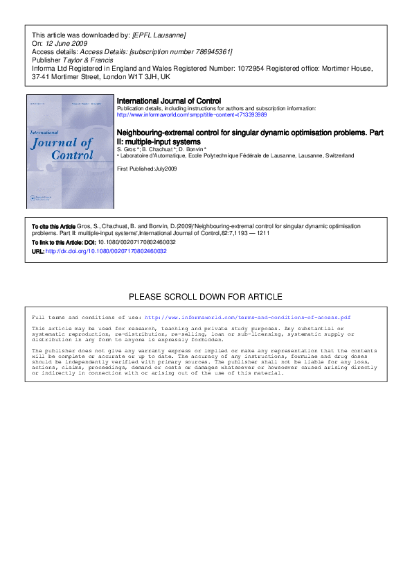 Pdf Neighbouring Extremal Control For Singular Dynamic Optimisation Problems Part I Single