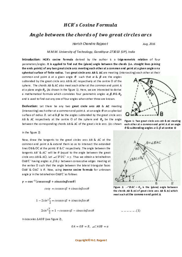 (PDF) HCR's Cosine Formula (Angle between the chords of any two great ...